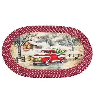 Snowy Vintage Red Pickup Truck Braided Border Oval Rug - 2' x 3' - Bed ...