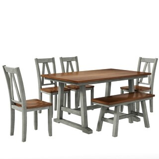 Farmhouse Wooden Dining Table Set, 6-piece Kitchen Set with Ladder ...