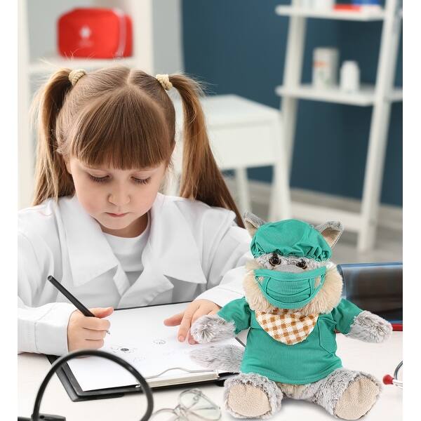 DolliBu Sitting Wolf Doctor Plush Toy with Cute Scrub Uniform and Cap ...