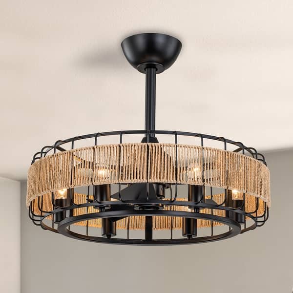 C Cattleya 23" 3 Blades 6-Light Black Ceiling Fan with Paper Rope Shade ...