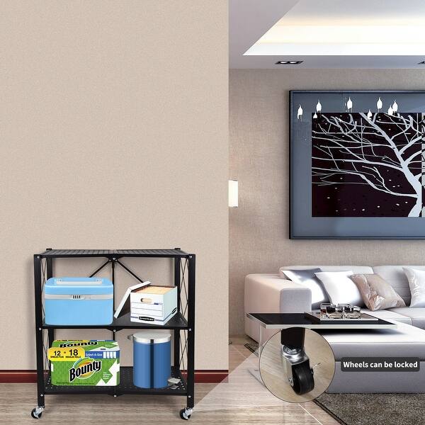 3-Tier Heavy Duty Foldable Metal Rack Storage Shelving Unit with Wheels ...
