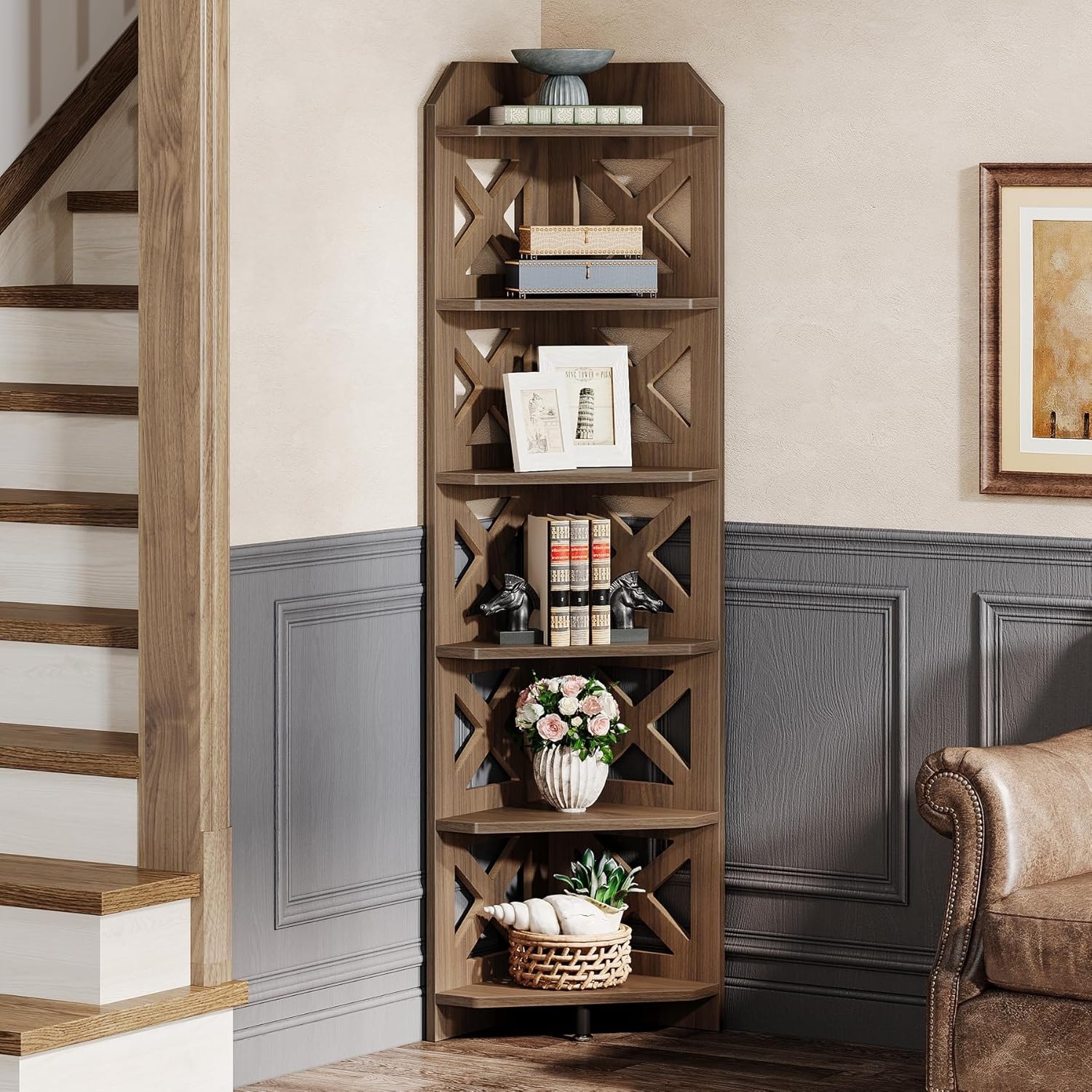 Farmhouse corner ladder shelf store