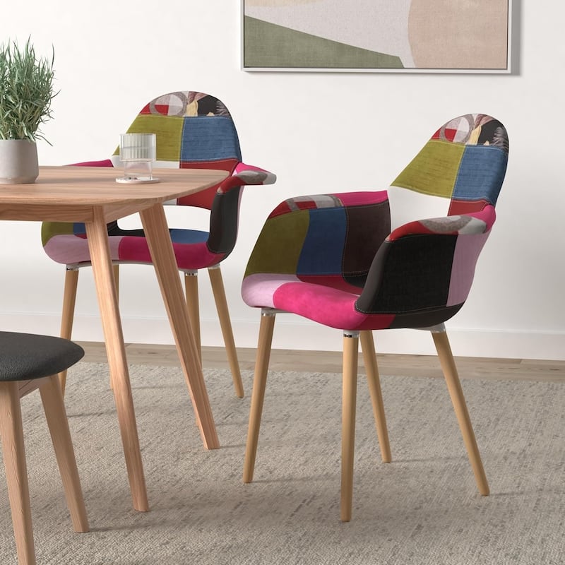 Set of 2 Patchwork Patterned Fabric Upholstered Vintage Accent Chairs ...