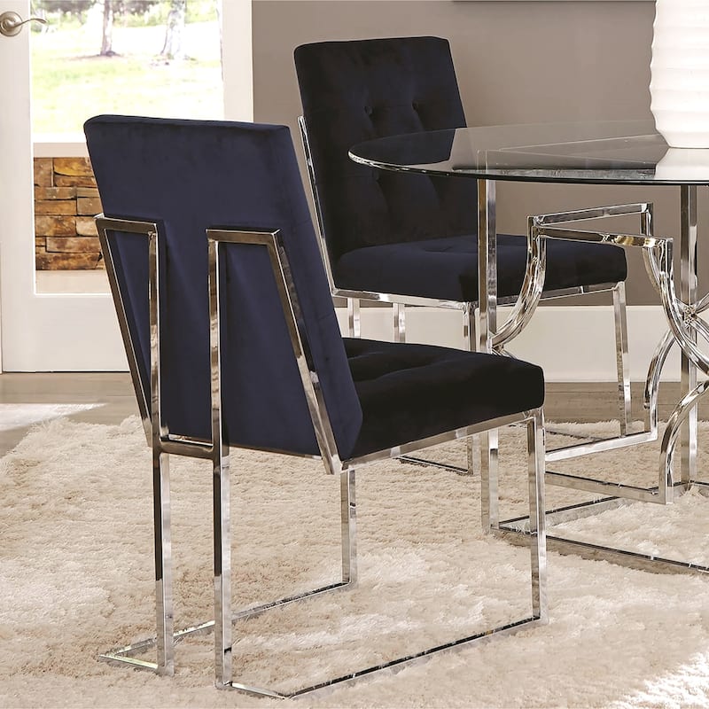 Modern Chrome Artistic Floating Design Tufted Dark Blue Dining Chairs ...