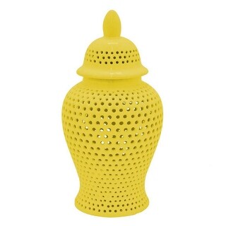 Deni 19 Inch Ginger Jar, Carved Cutout Lattice, Removable Lid, Yellow ...