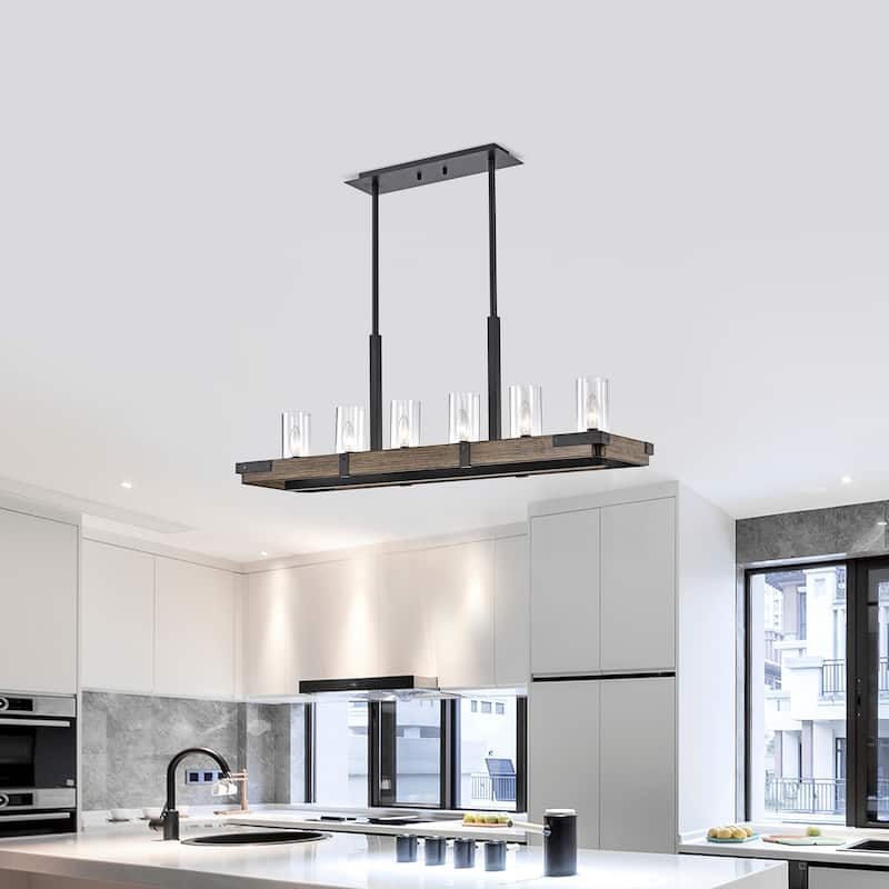 Rudi Forged Black+Imitation Wood Grain 6-Light Linear Chandelier with ...