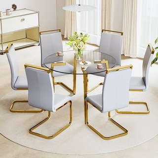Modern Luxurious Round Tempered Glass Dining Table Set of 7, 7-shaped ...