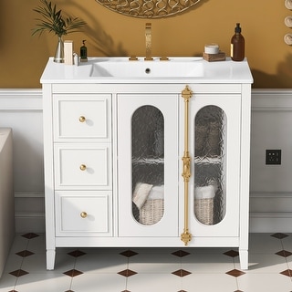 36" Single Sink Bathroom Vanity, Translucent Patterned Glass Doors ...