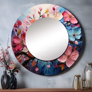 Designart "Apple Blossom Expressionist Burst IV" Floral Round Mirror ...
