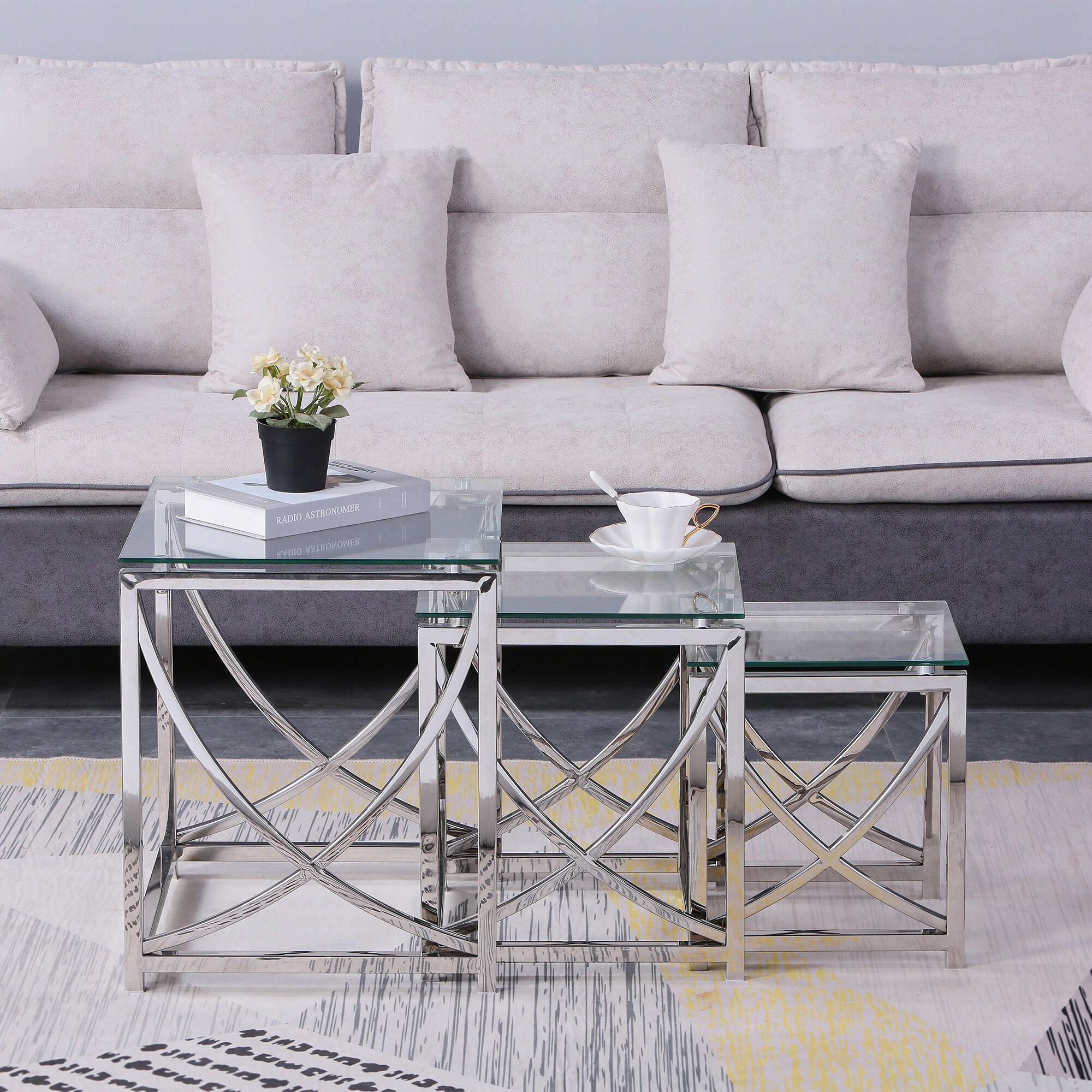 3 Pieces Silver Square Nesting Glass End Tables Small Coffee Table Set Minimalist Side Table