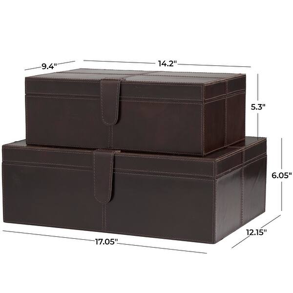 Dark Brown Leather Storage Box with Snap Front Closure and Detailed ...