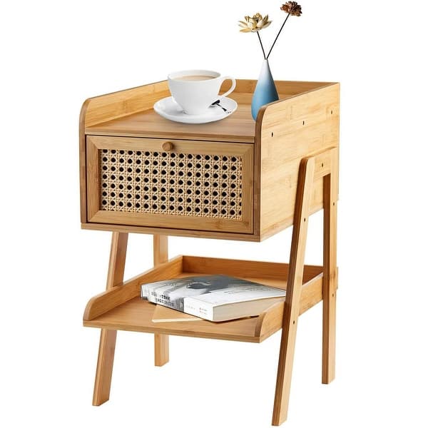 Narrow Side Table with Storage Shelf and Fabric Drawer - 12"D x 16"W x ...