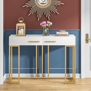 2-Drawer Console Table, White and Gold Sofa Table for Living Room - 13. ...
