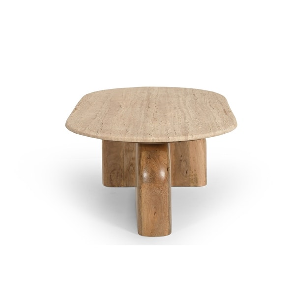 Modrest Kellison Modern Travertine Marble & Wood Oval Coffee Table ...