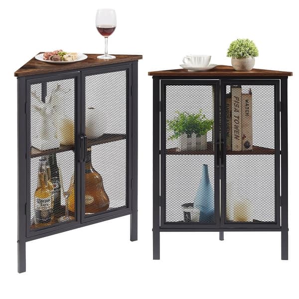 Set of 2 Industrial Triangle Corner Table with Dual Door Multi ...