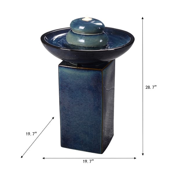 Blue Ceramic Fountain with Submersible Pump and Warm White LED Lights ...