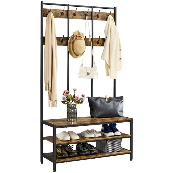 Wide Hall Tree Coat Rack Entryway Storage Bench Display Cabinet, White ...