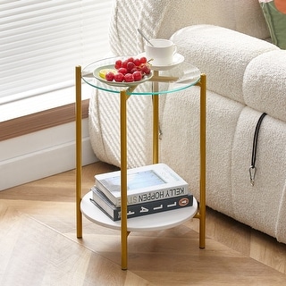 2-layer End Table with Tempered Glass and Marble Tabletop - Bed Bath ...