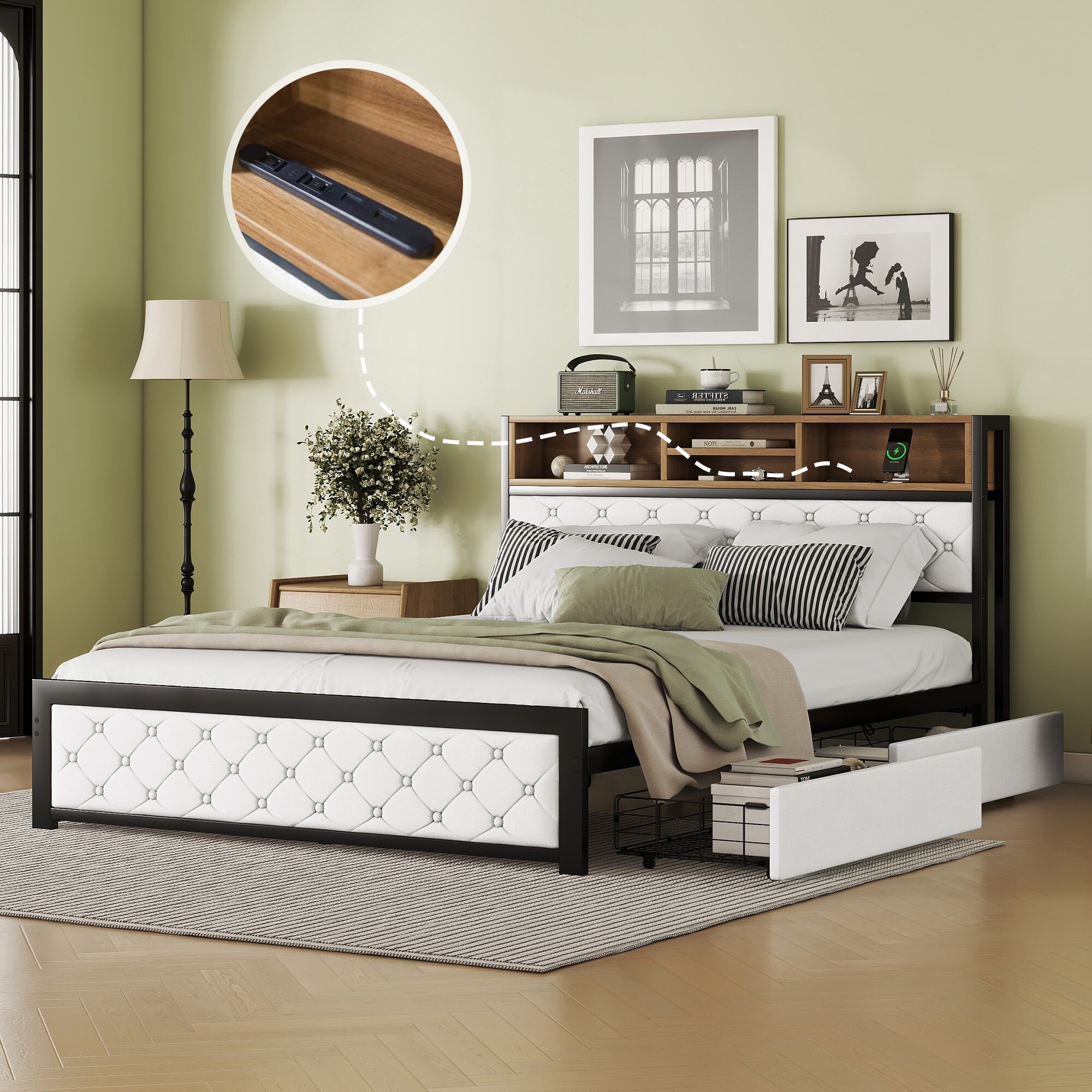 Metal Queen Size Platform Bed With 4 Drawers and USB Ports