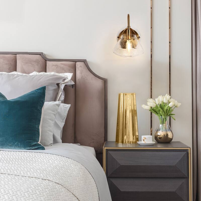 Modern Gold 1 Light Wall Sconce Bathroom Vanity Light With Seeded Glass