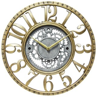 Roman Gear 15 inch Decorative Round Wall Clock - Gold & Silver - 15.5 x ...