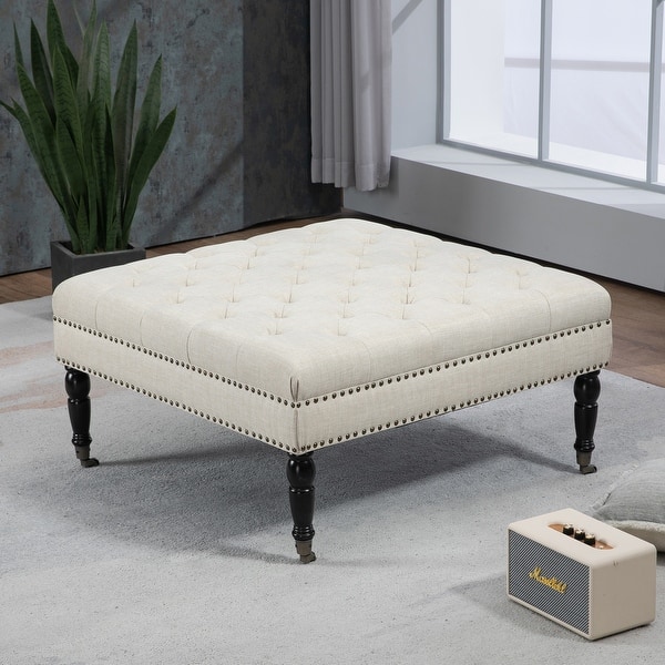 Beatrice 34-in Pleated Tufted Linen Cocktail Ottoman Caster Wheels ...