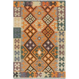 Tribal Turkish Kilim Edgar Orange Green Hand-Woven Wool Rug - 3'3'' x 4 ...