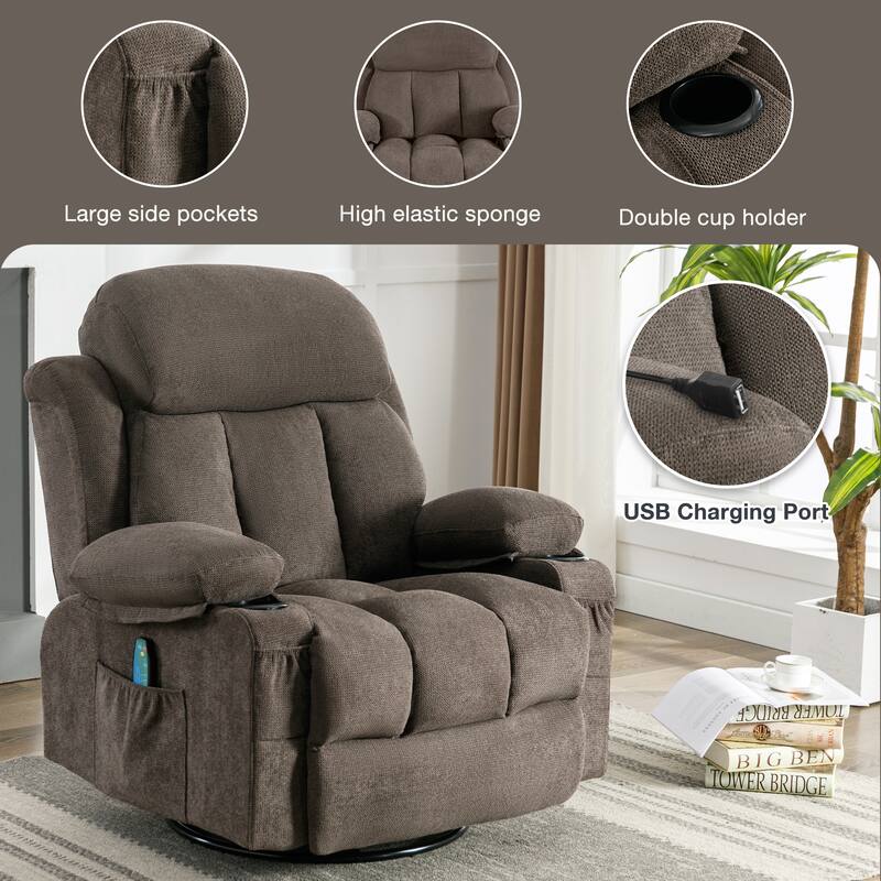 360° Rotation Recliner Massage Sofa With Usb 2 Cup Holders Heating Function Bed Bath