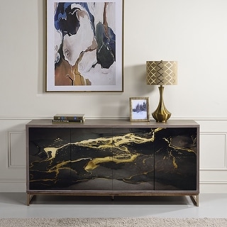 ACME Payo Console Cabinet, Black Marble Paint, Oak & Champagne - Bed ...