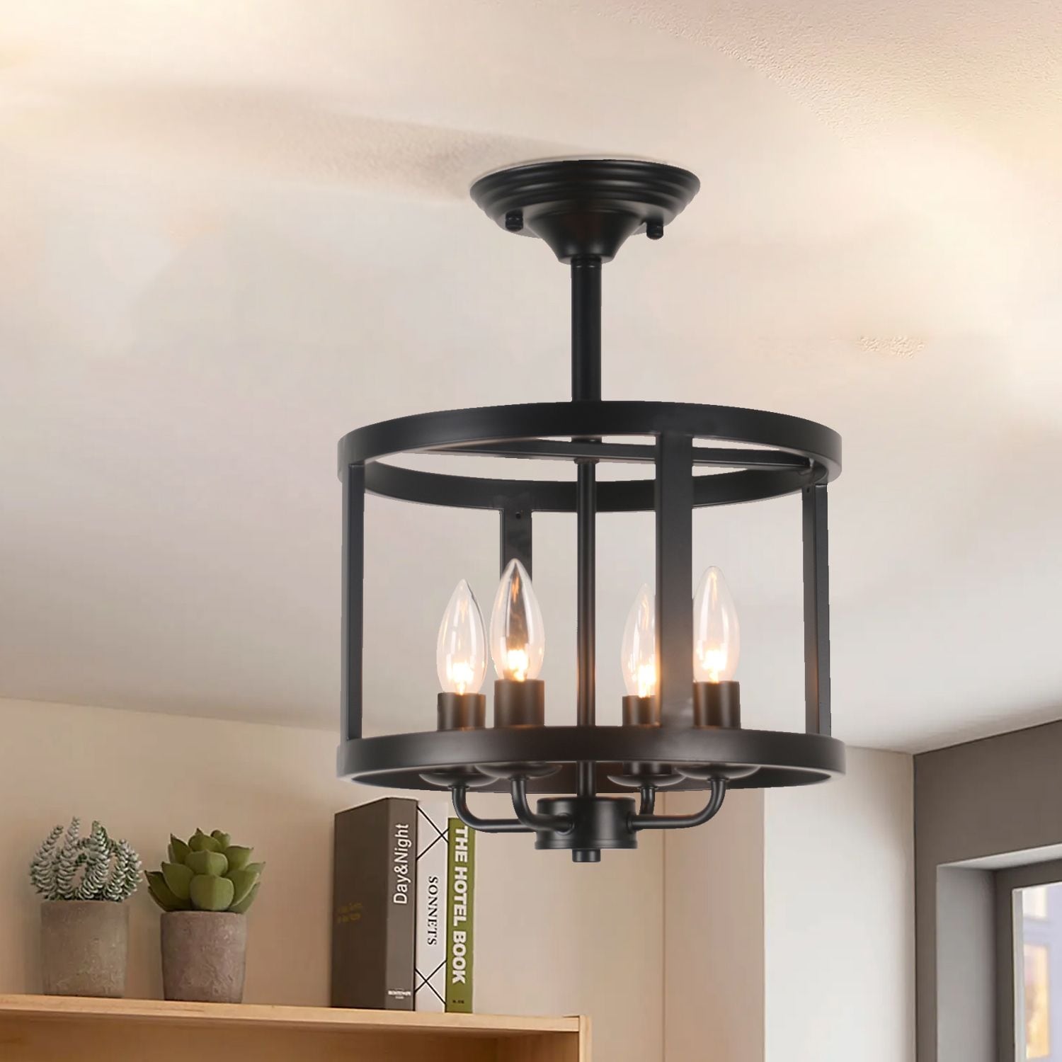 4-Light Rustic Brown Wood Semi-Flush Mount Ceiling Light - On Sale ...