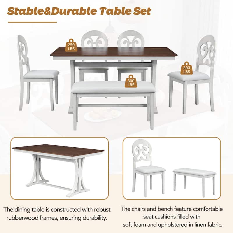 Mid Century 6 Piece Trestle Table Set With Victorian Round Upholstered Dining Chairs And Long