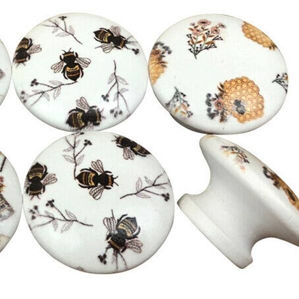 Set of 8 Bumble Bees Print Wood Cabinet Knobs - 1.5" Wide - Bed Bath ...