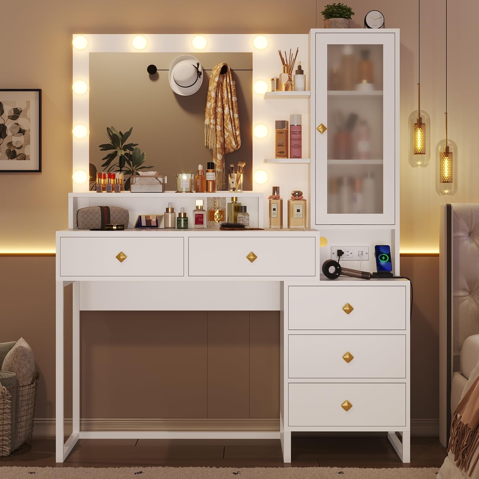 Vanity Desk with Mirror and Lights Makeup Vanity with Lights Charging Station Makeup Desk with 5 Drawers Storage Shelves On Sale Bed Bath Beyond 41073579