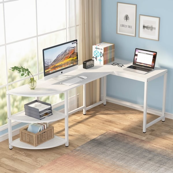 74 inch L-Shaped Computer Desk with Corner Shelf, Corner Desk - Bed ...