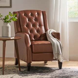 Button-Tufted Faux Leather Recliner in Light Brown with Sturdy Birch ...