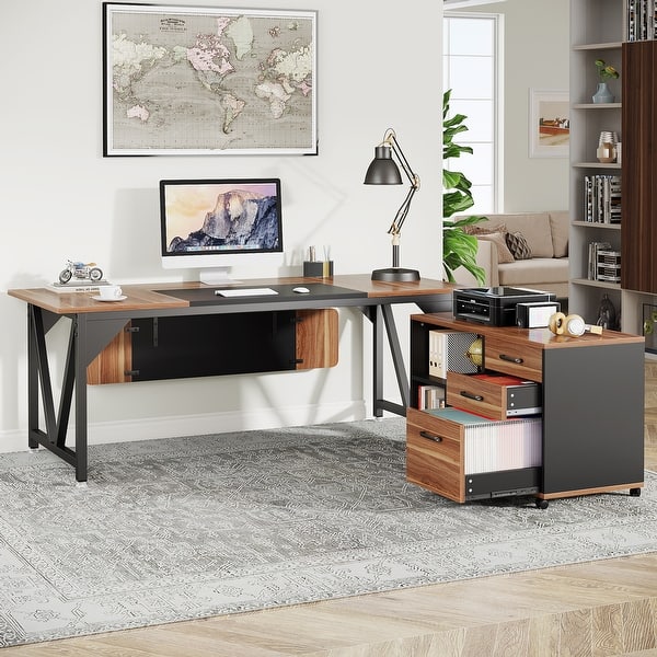 Desk with File Cabinet Combo, Industrial L-Shaped Desk with Drawers ...