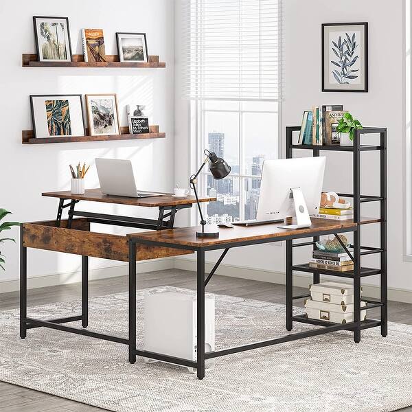 L-Shaped Lift Top Desk with 4-Tier Storage Shelves Home Office - Bed ...