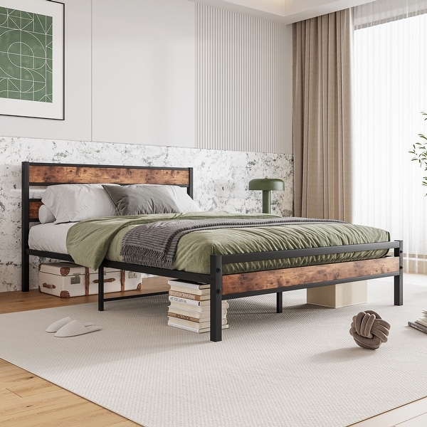 Queen Metal Slats Support Heavy Duty Metal Platform Bed Frames with Vintage Wood Headboard Farmhouse Bed No Box Spring Needed Bed Bath Beyond 39375953