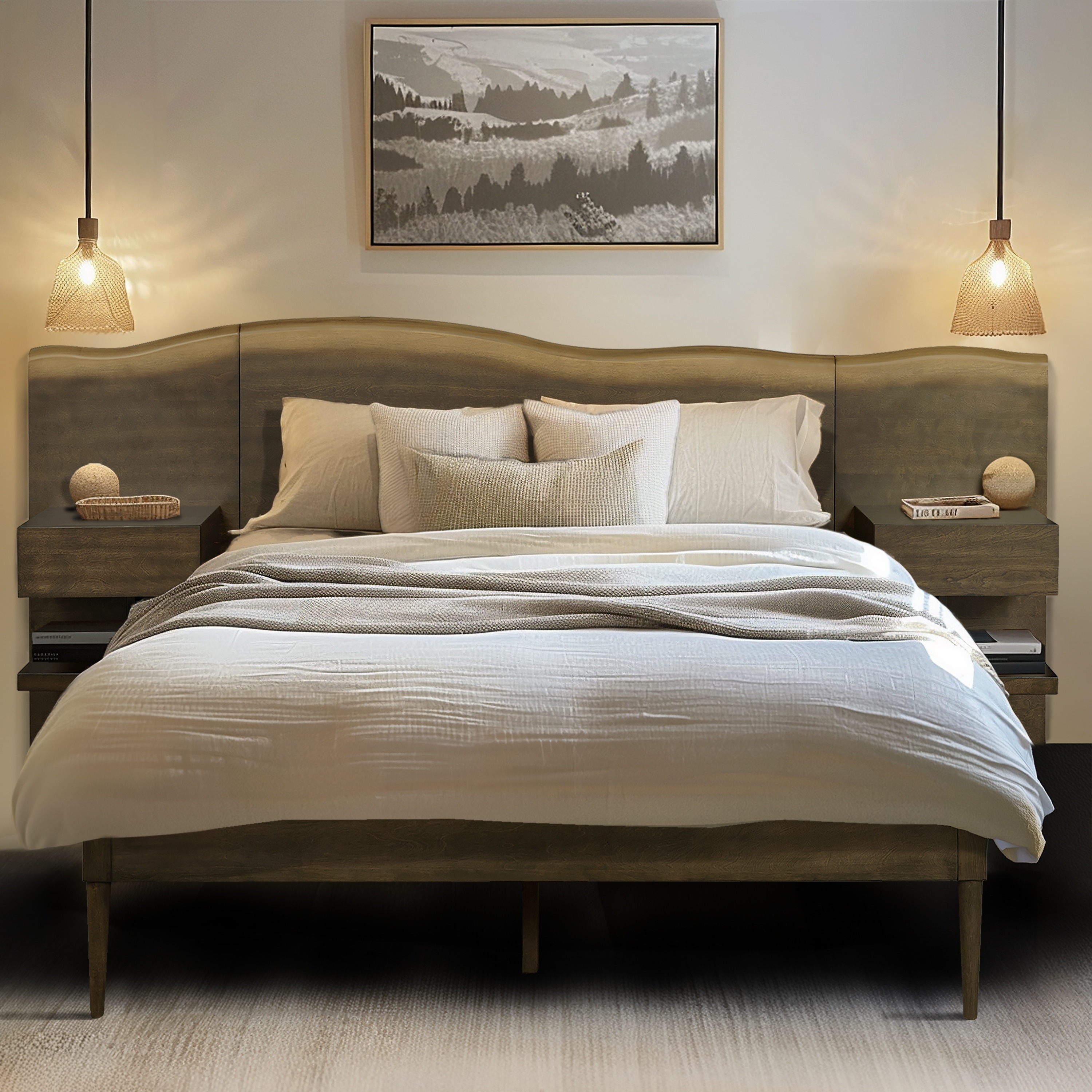 INK IVY Clark Platform Bed Frame with Live Edge Headboard and Built in Nightstands Drawers Dark Brown Queen