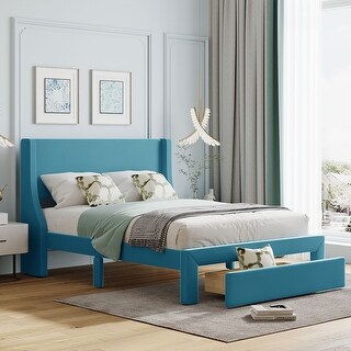 Blue Elegant Velvet Storage Platform Bed, Big Drawer, Headboard - Bed ...