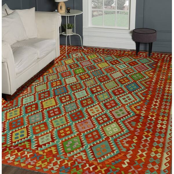 Hand-Woven Sangat Kilim Dulcelin Rust/Blue Rug - 9'7" x 12'8" - Bed ...