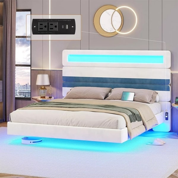 Floating Bed Frame with LED Light Velvet Upholstered Tall White Queen ...
