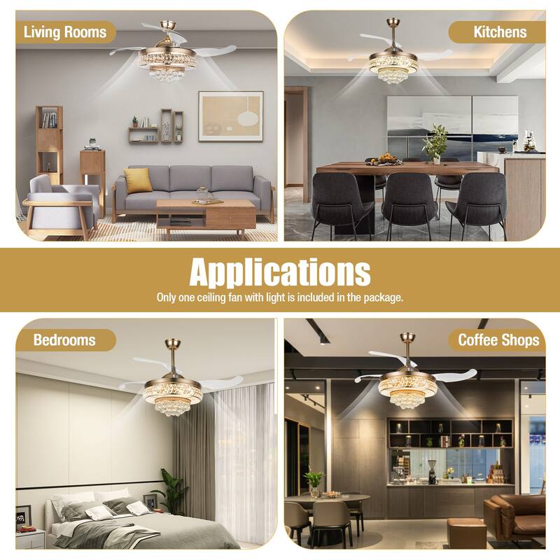 42In LED Crystal Gold Ceiling Fan Retractable Blades - Overstock - 36009502