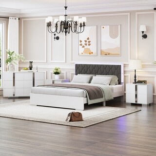 Modern Queen Bedroom Set with Upholstered Bed, Mirrored Nightstands ...