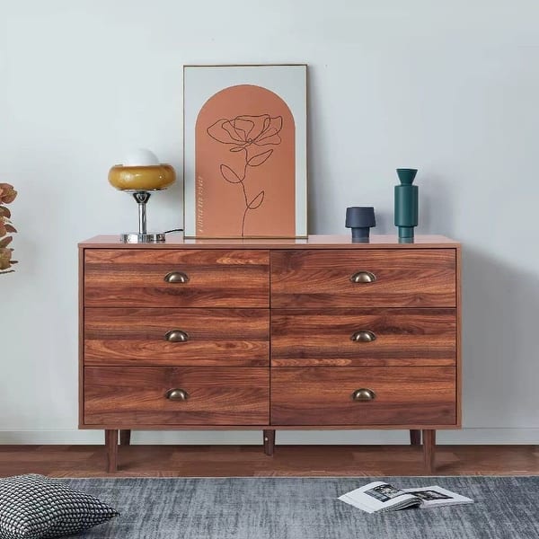 Polar Aurora Wood 6 Drawers Dresser for Bedroom, Mid Century Modern ...