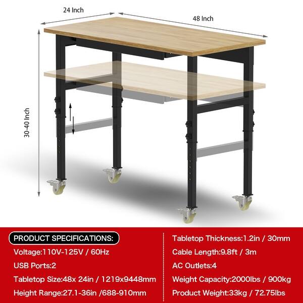 Wood Top Workbench on Wheels Adjustable Work Table with Drawer - Bed ...