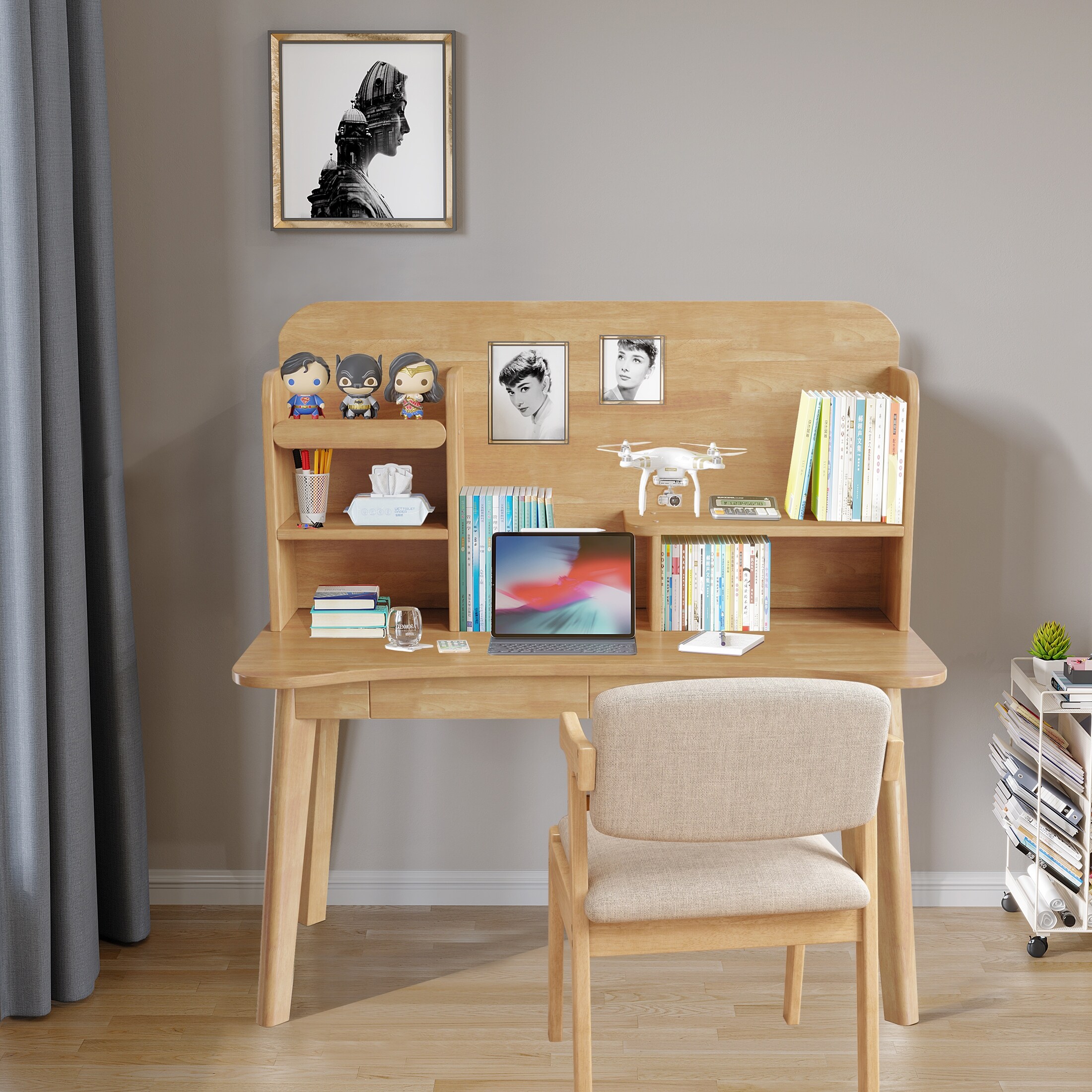 Kids Desk with Chair Student Desk Multi Tier Organizer Solid Wood Bookshelf with Drawers Brown