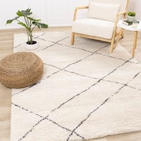 Soft Shag Cream Black Straight Lines Area Rug - Bed Bath & Beyond ...