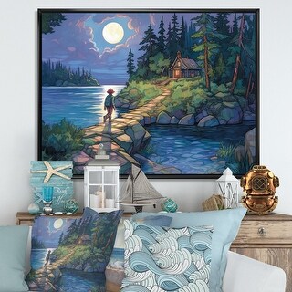 Designart "Moonlit Stroll By The Sea" Modern Landscape Beach Framed ...