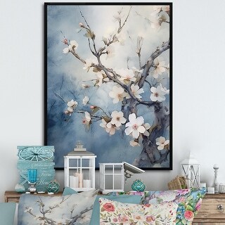 Designart "Blue And Grey Cherry Blossoms Sapphire" Cherry Framed Canvas ...